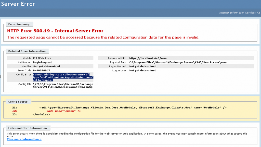 HTTP Error 500.19 – Internal Server Error – OWA – MIT Consulting